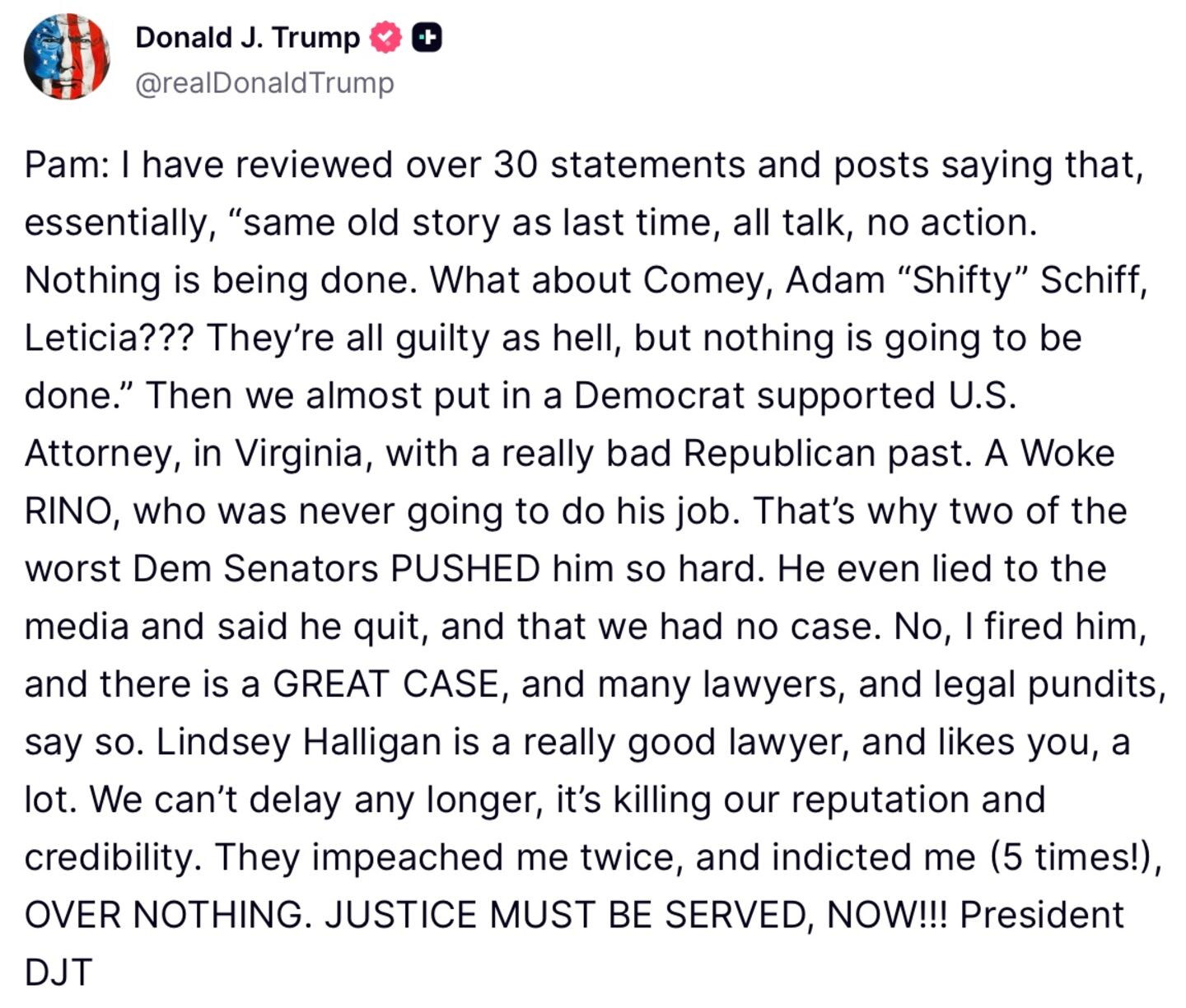 Donald Trump, 79, Posted Private Bondi Message About Indicting Enemy