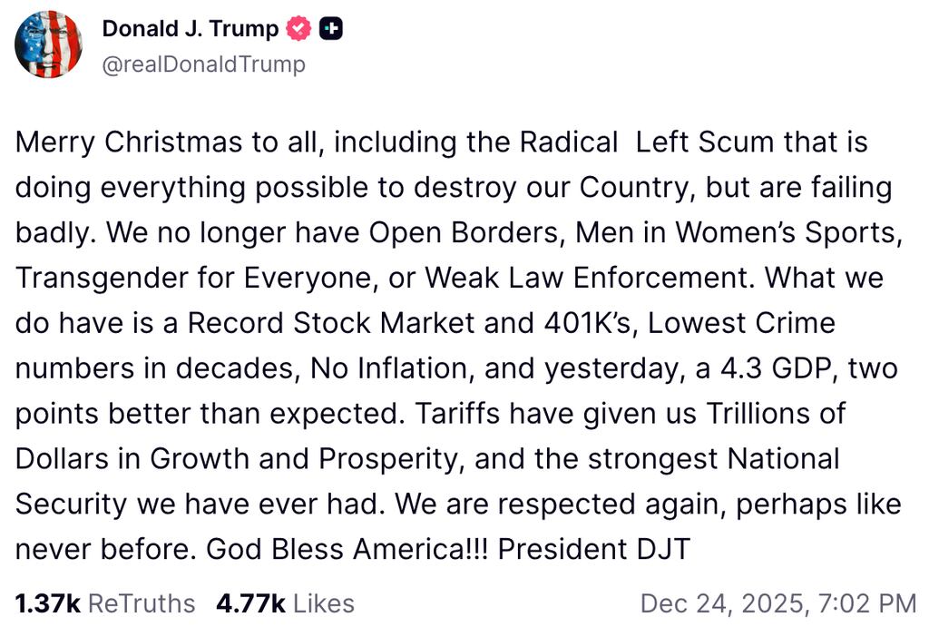 Trump Fires Off Unhinged Merry Christmas Message to ‘Scum’