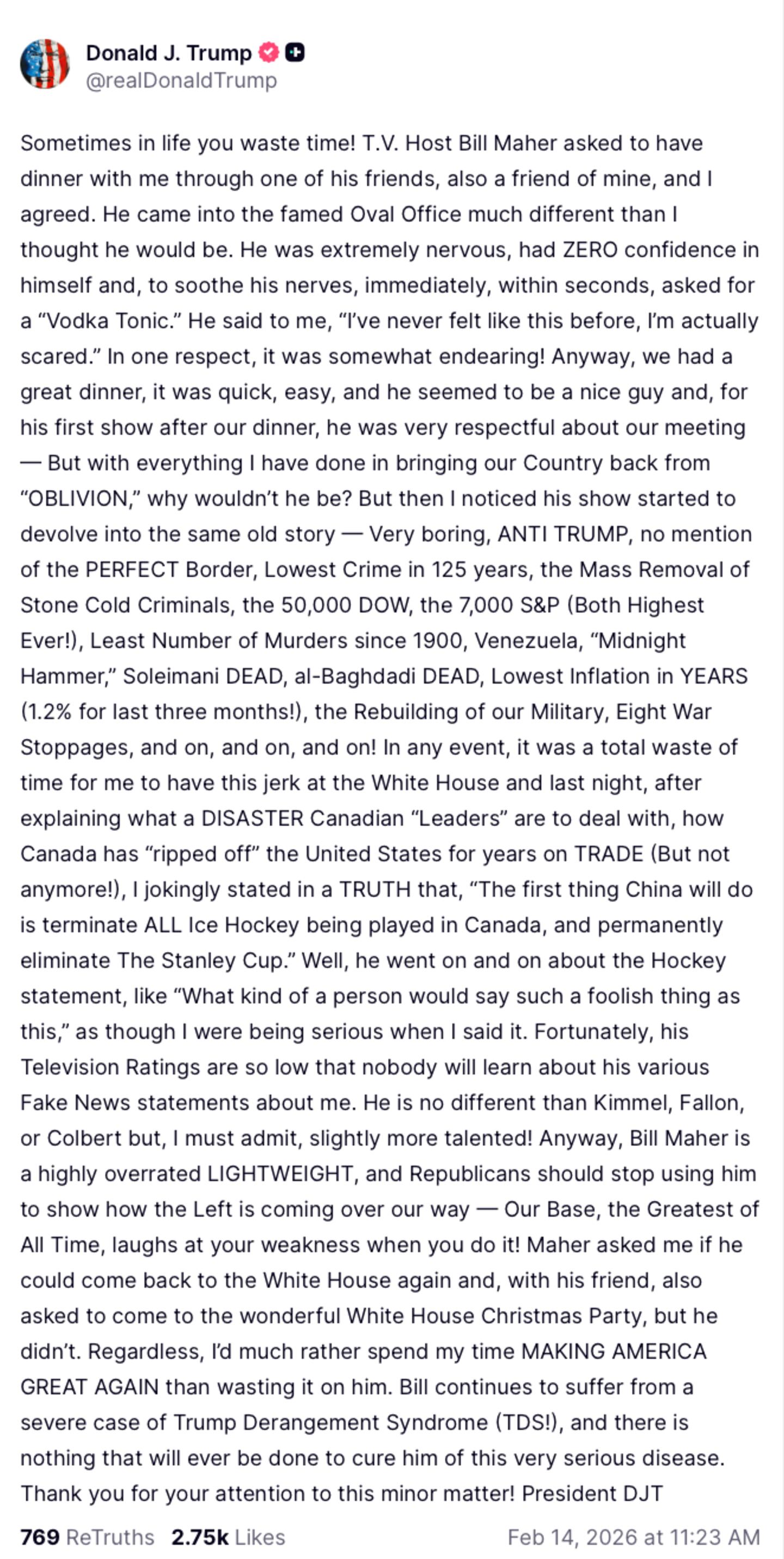 Bill Maher Fires Back at Donald Trump’s Petty Dinner Date Attack