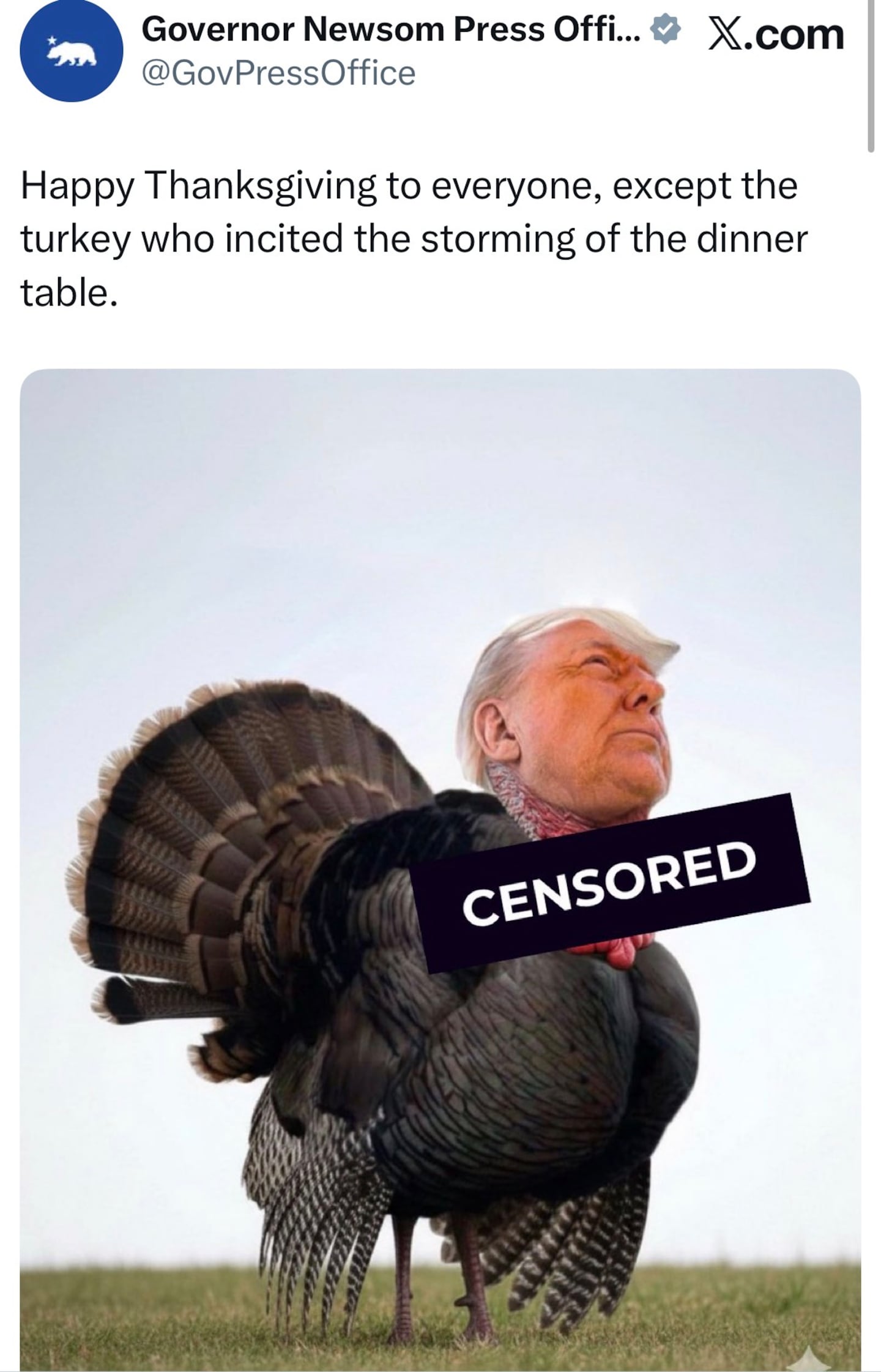 Newsom Trolls Trump With Thanksgiving Jab