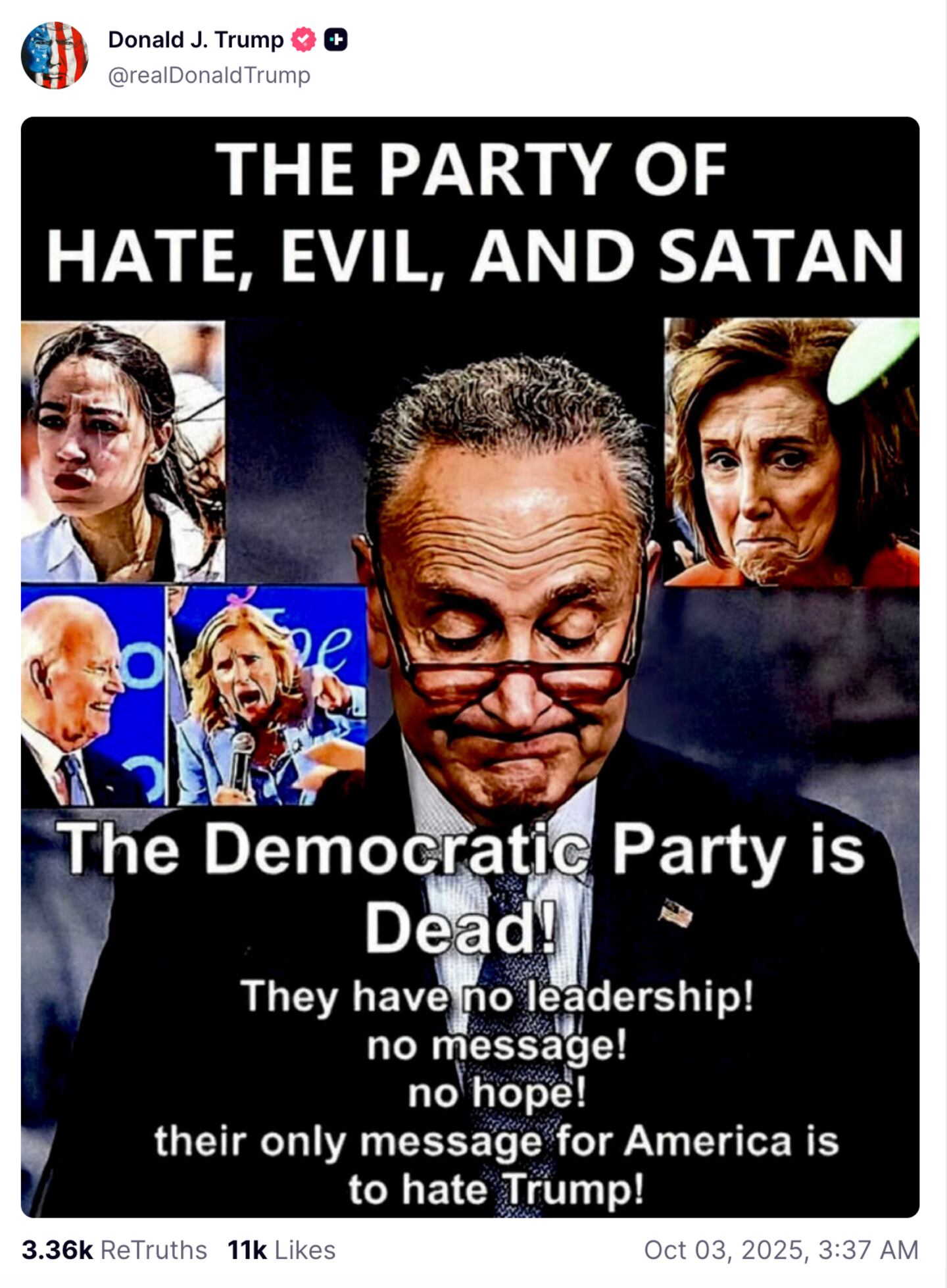 Donald Trump Brands Democrats the ‘Party of Satan’ in Unhinged Truth ...