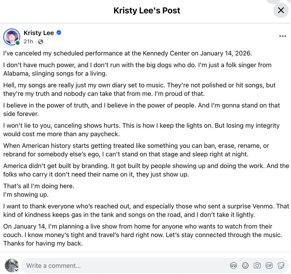 Artist Who Canceled Show at Trump’s Kennedy Center Speaks Out