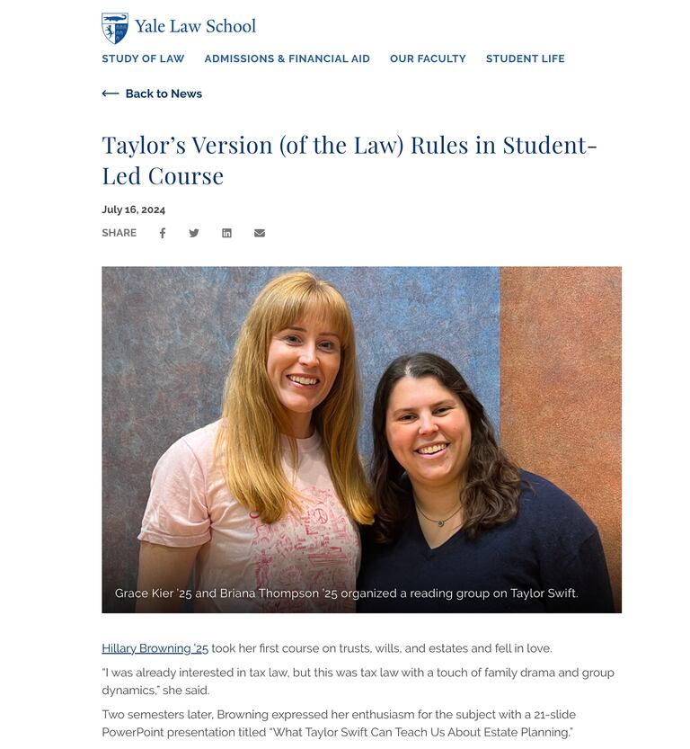 Yale Law School Snubs J.D. Vance–But Does Mention Taylor Swift