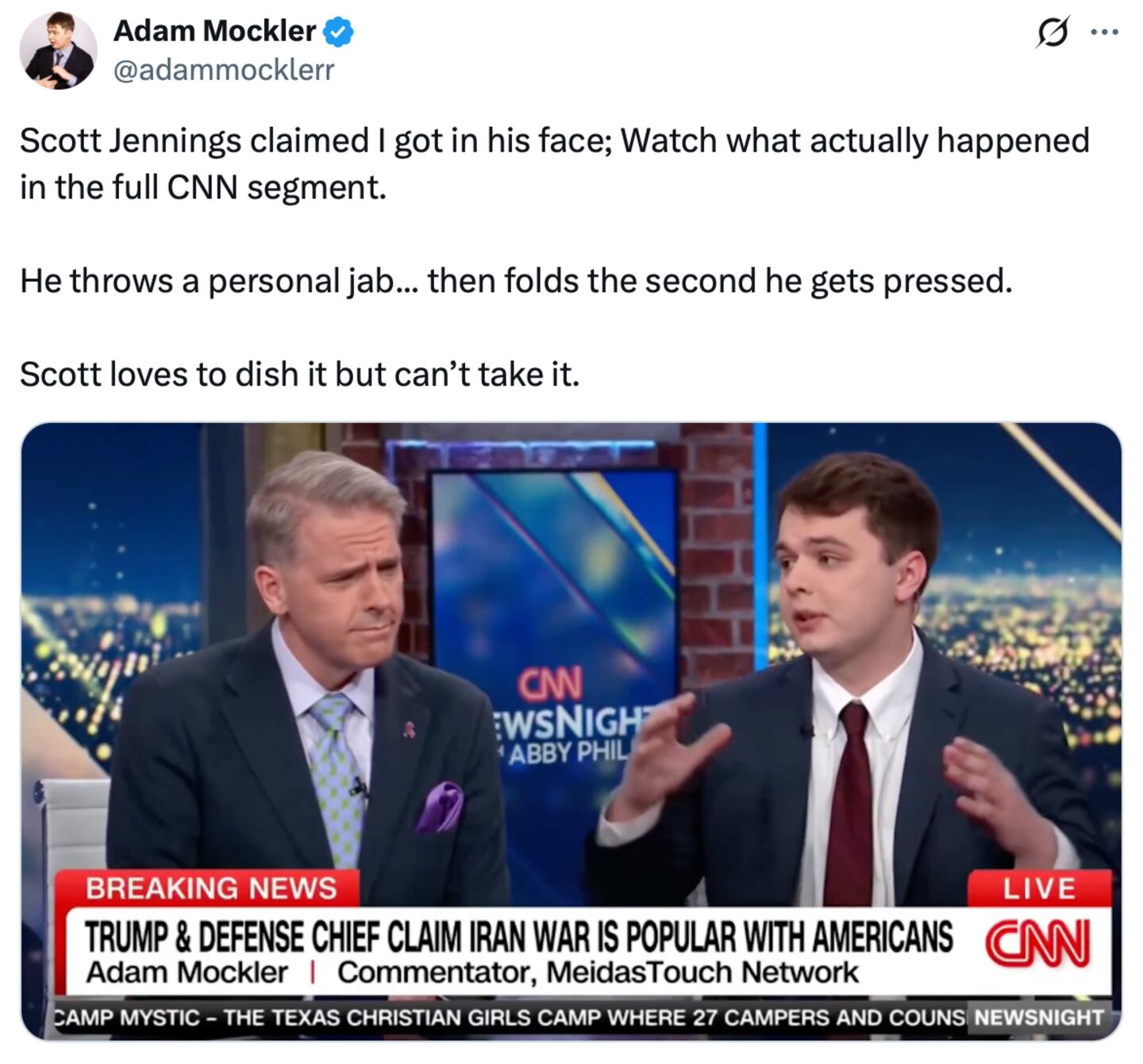 Dem Star Adam Mockler, 23, Takes Victory Lap for Scott Jennings’ Tirade