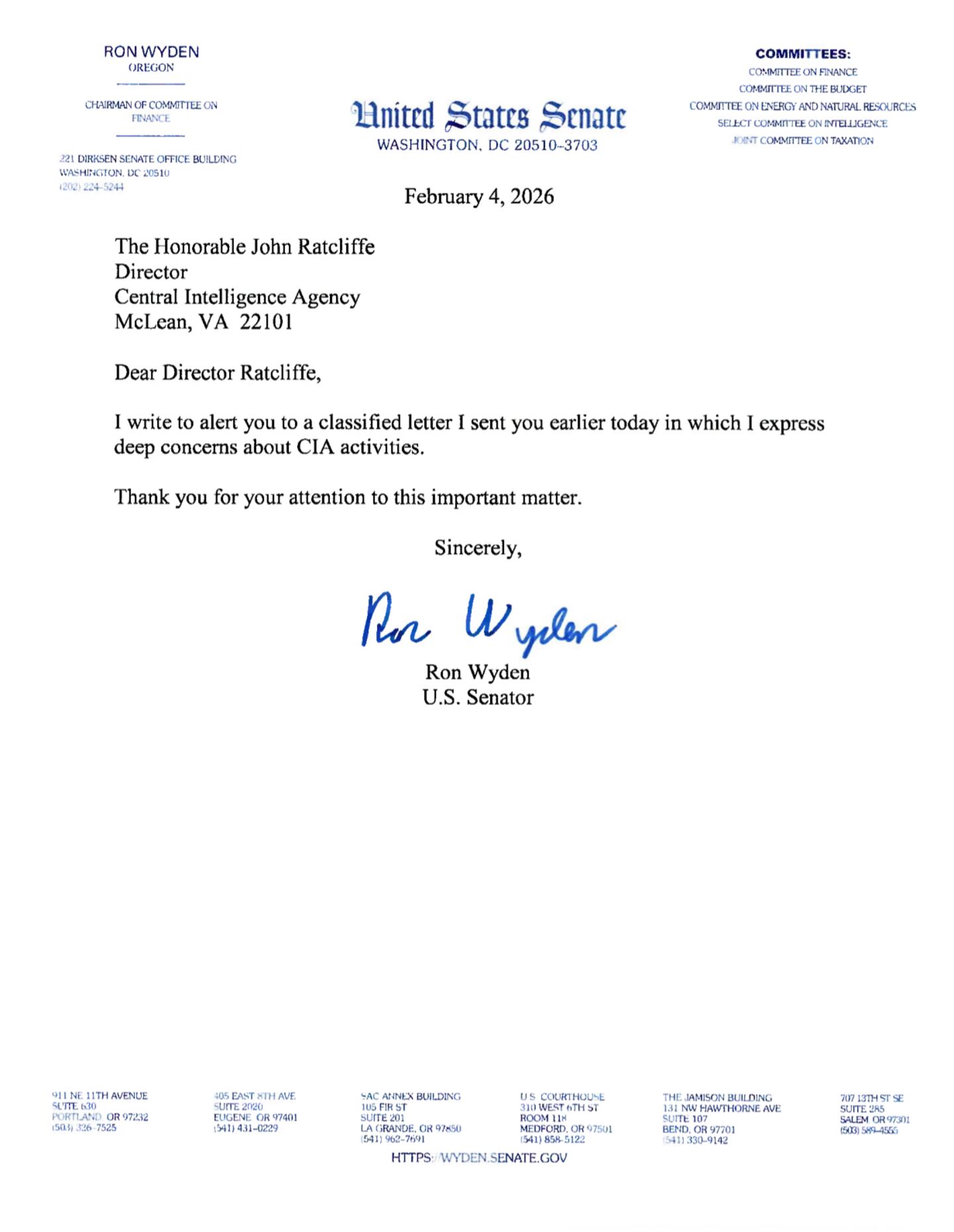 CIA Director Questioned About Agency’s Activities in Ominous Letter