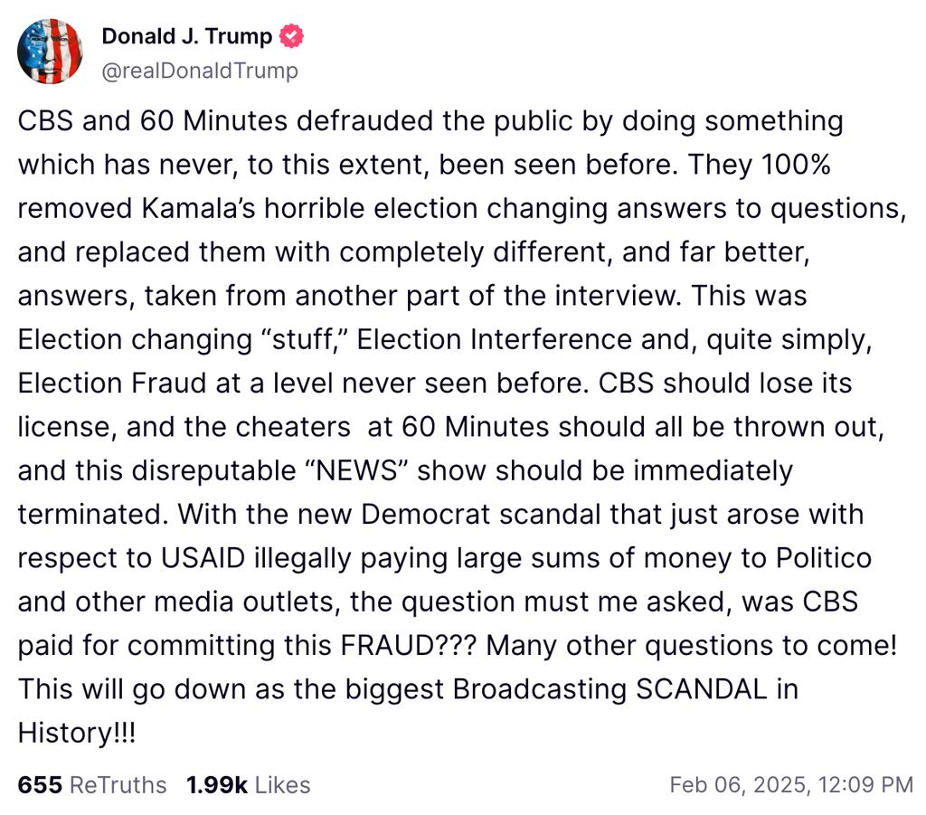 Trump Calls for 60 Minutes to be ‘Terminated’ And Tries to Rope CBS ...