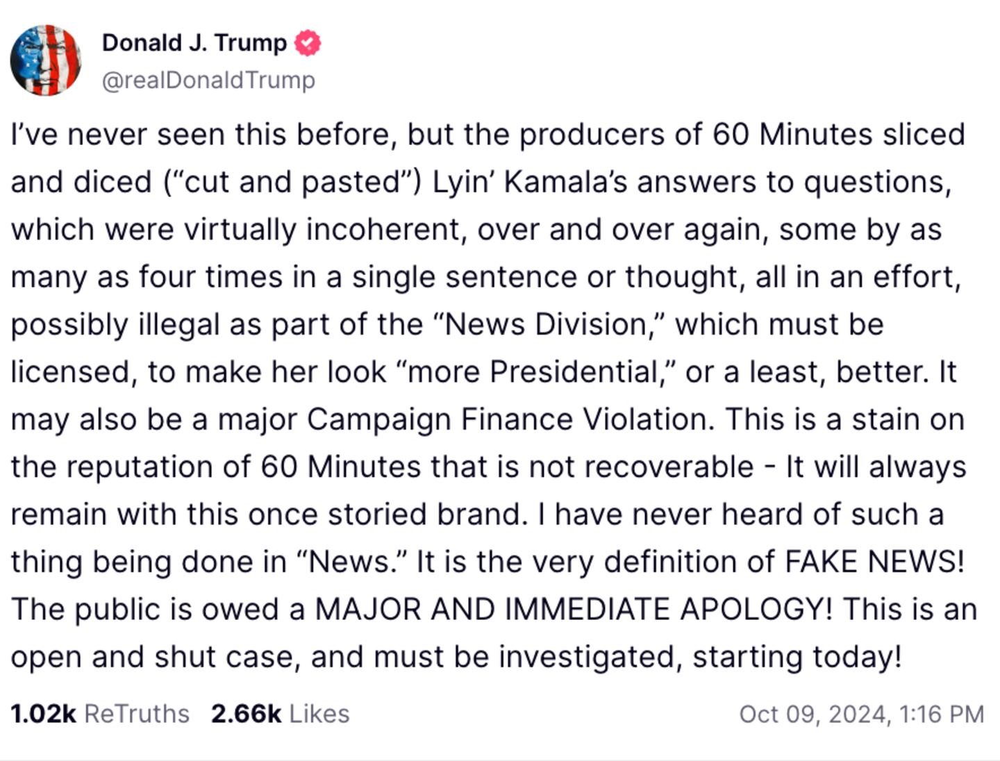 Trump Accuses ‘60 Minutes’ of Making ‘Illegal’ Edits to Harris’ Sit-Down