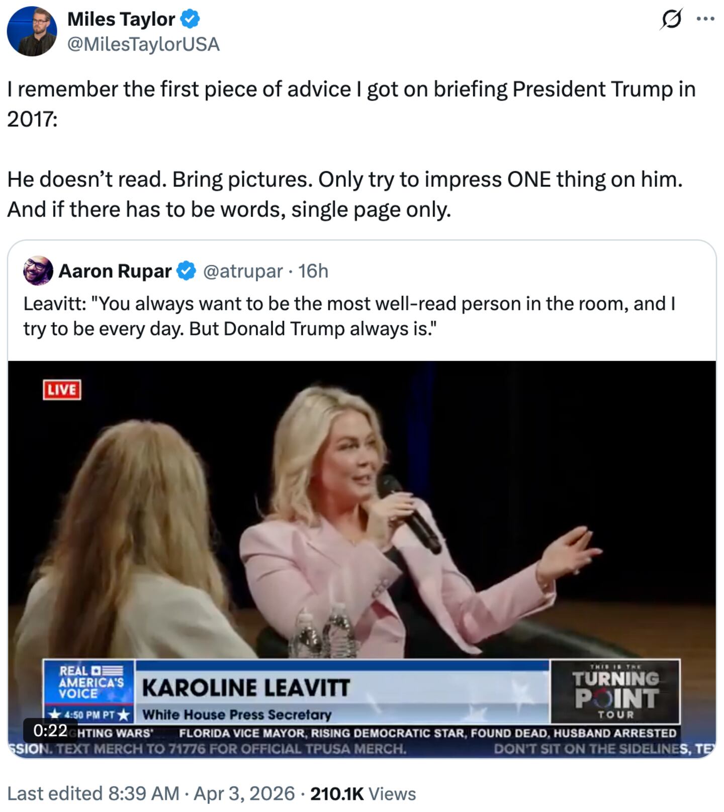 Former Trump Aide Miles Taylor Dunks on Karoline Leavitt's 'Well-Read ...