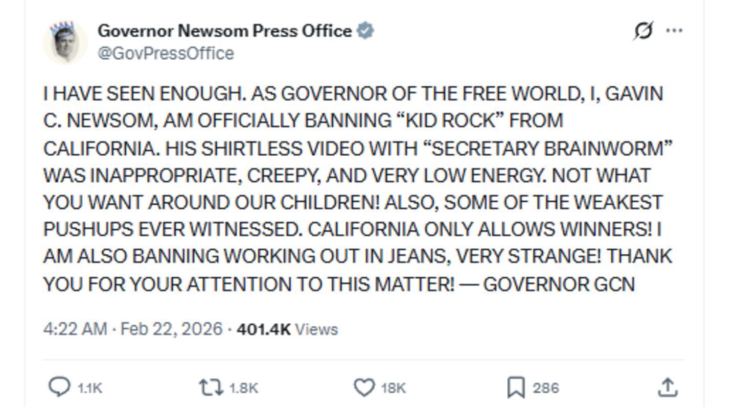 Gavin Newsom ‘Bans’ Kid Rock From California