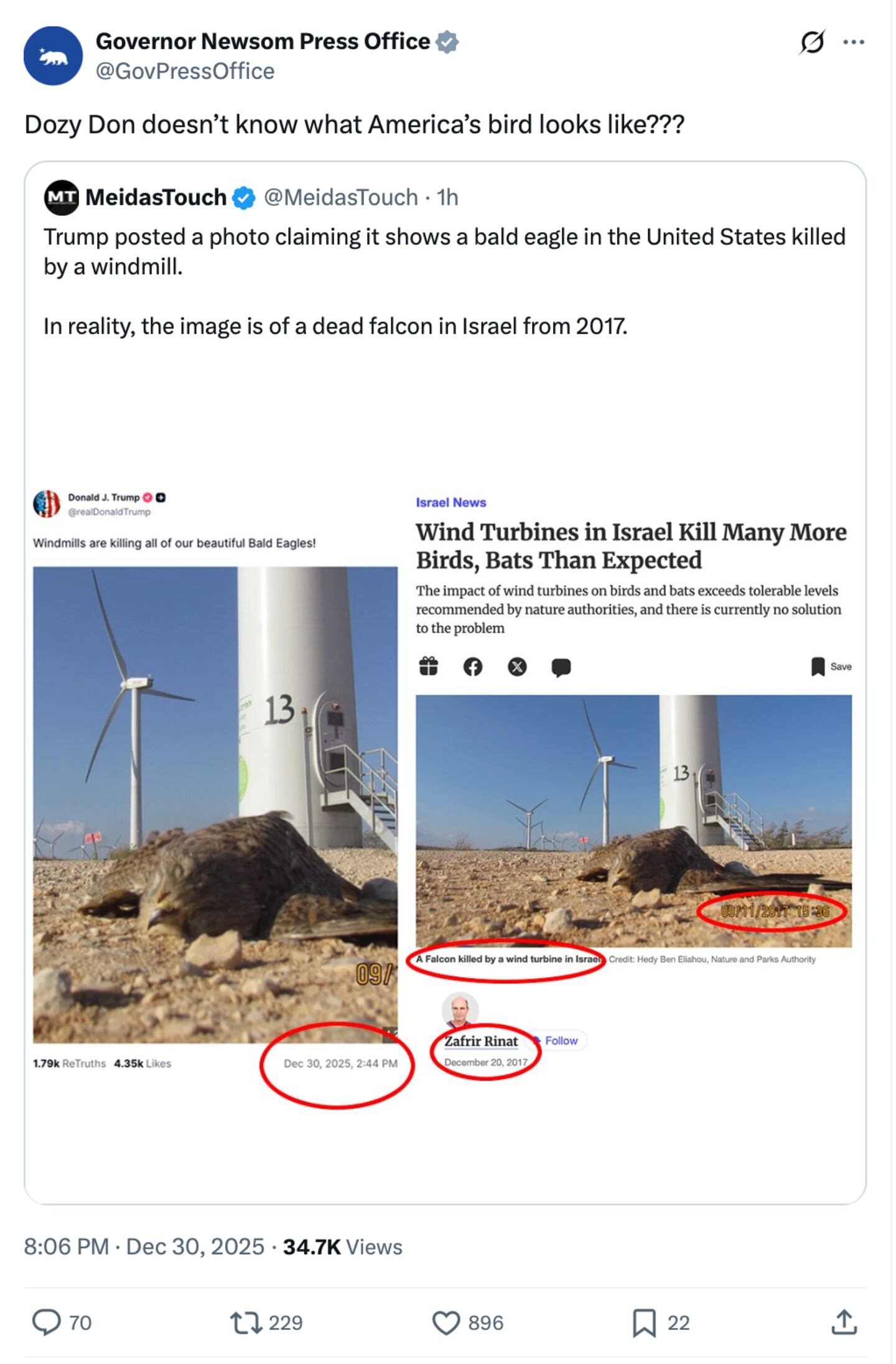 Trump Trolled for Bird-Brained Error in Anti-Windmill Post