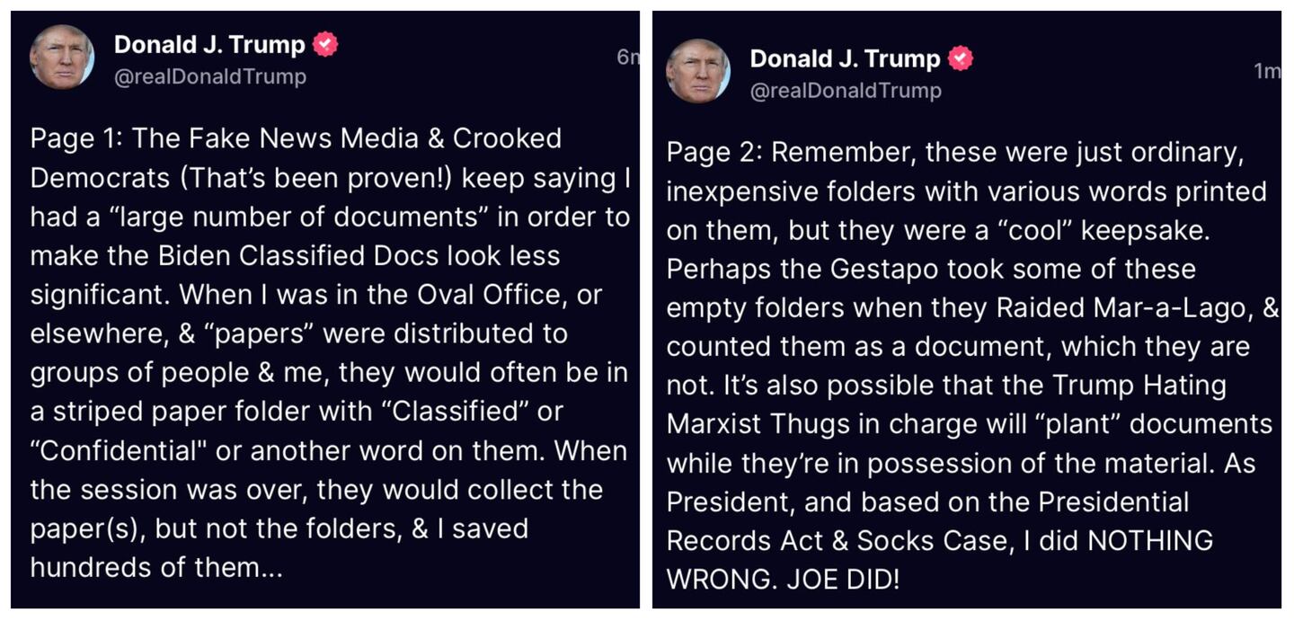 Trump’s New Excuse: I Kept Empty Classified Folders as ‘Cool’ Keepsakes