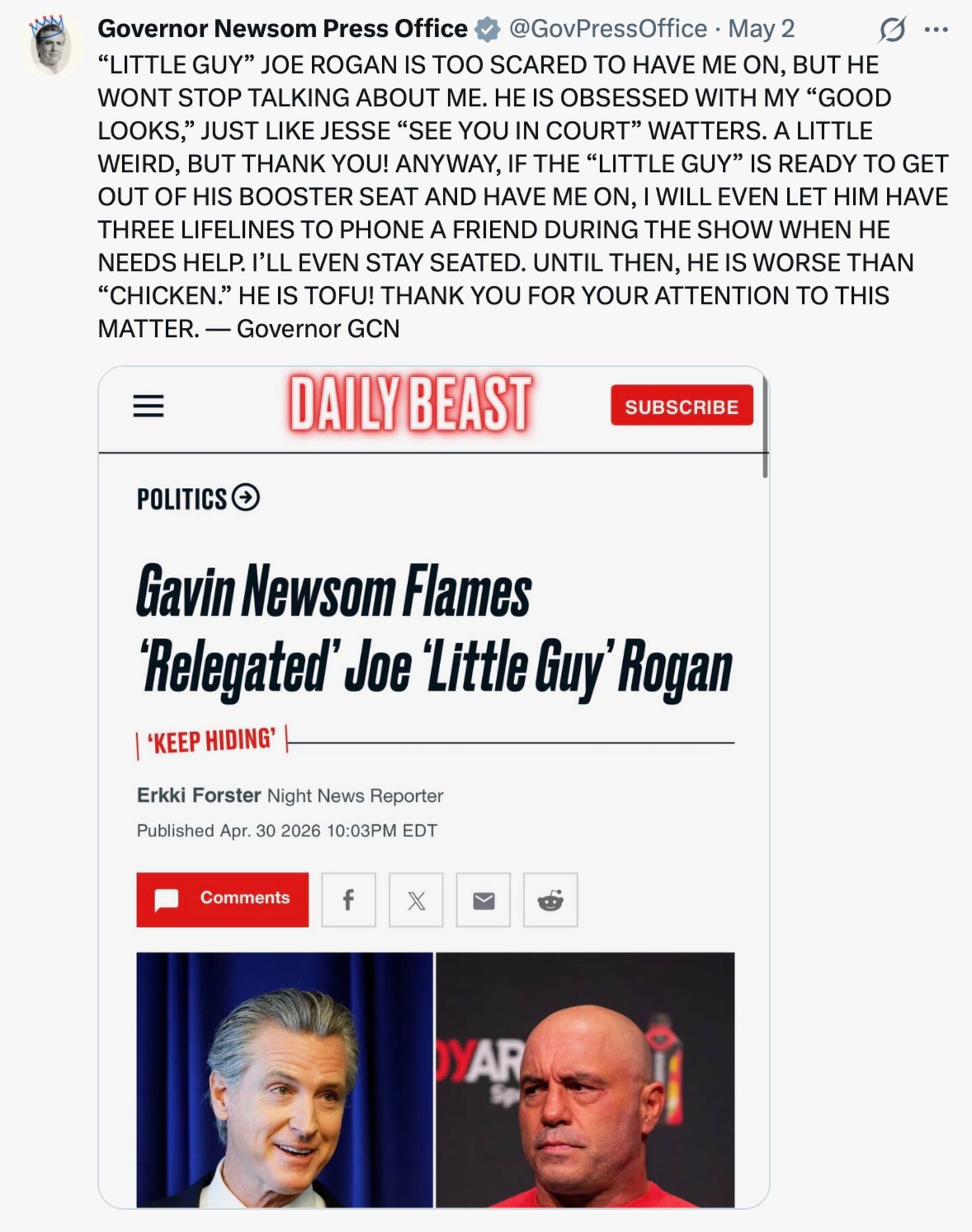 Gavin Newsom Skewers ‘Chicken’ Joe Rogan With New Diss