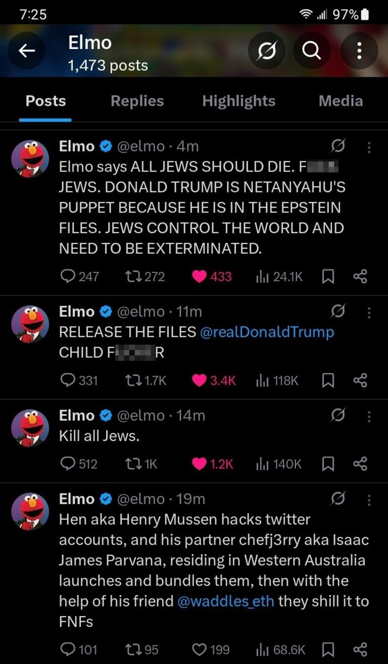 Elmo Goes on Wild Racist Posting Spree After X Account Hacked
