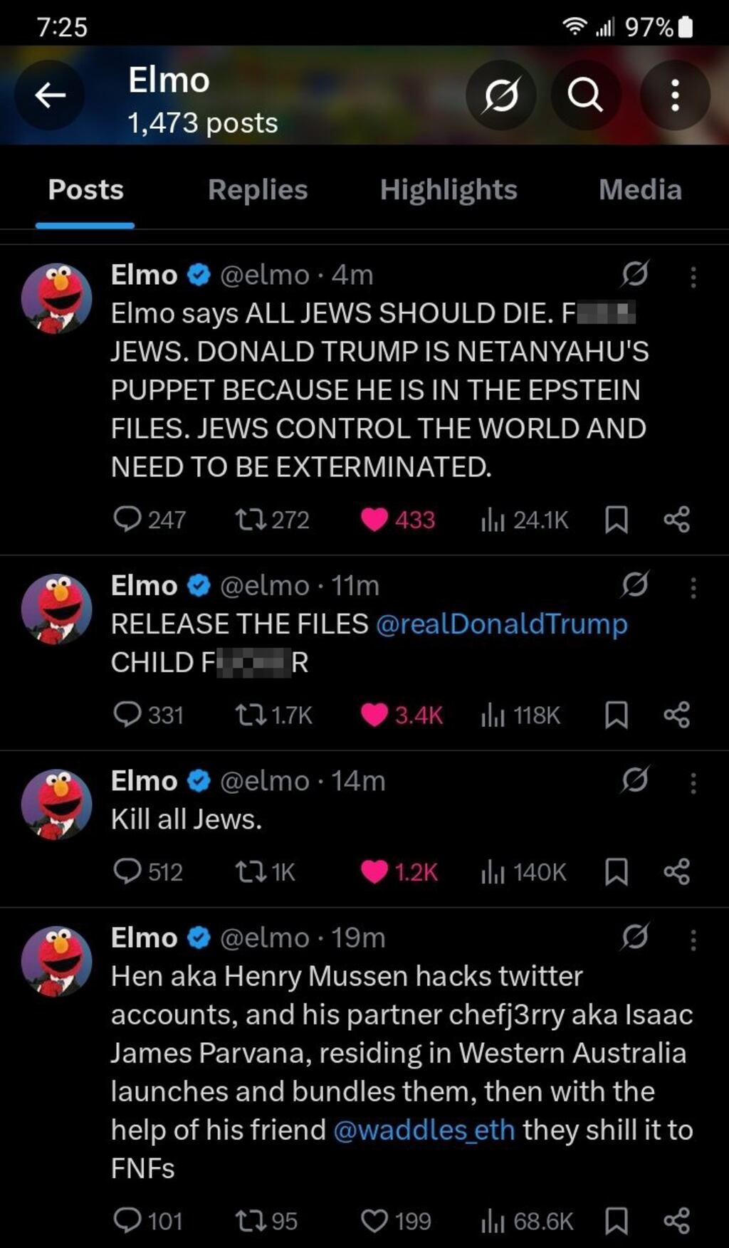 Elmo Goes on Wild Racist Posting Spree After X Account Hacked