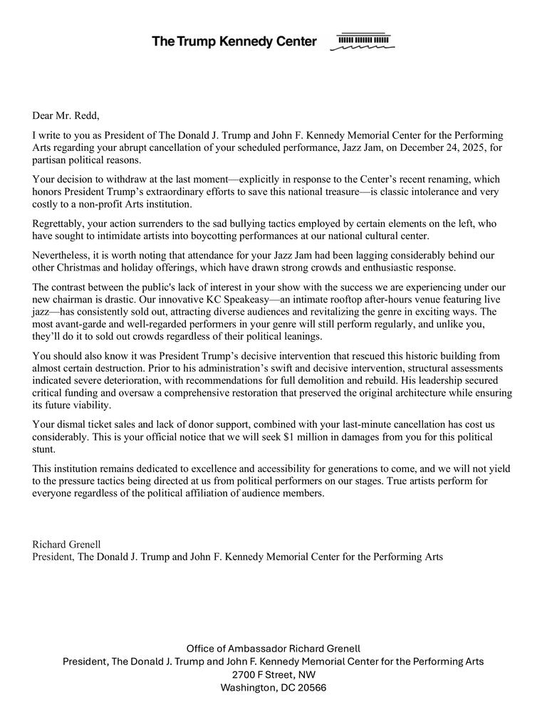 Kennedy Center Threatens Musician Who Pulled Out of Holiday Show After ...