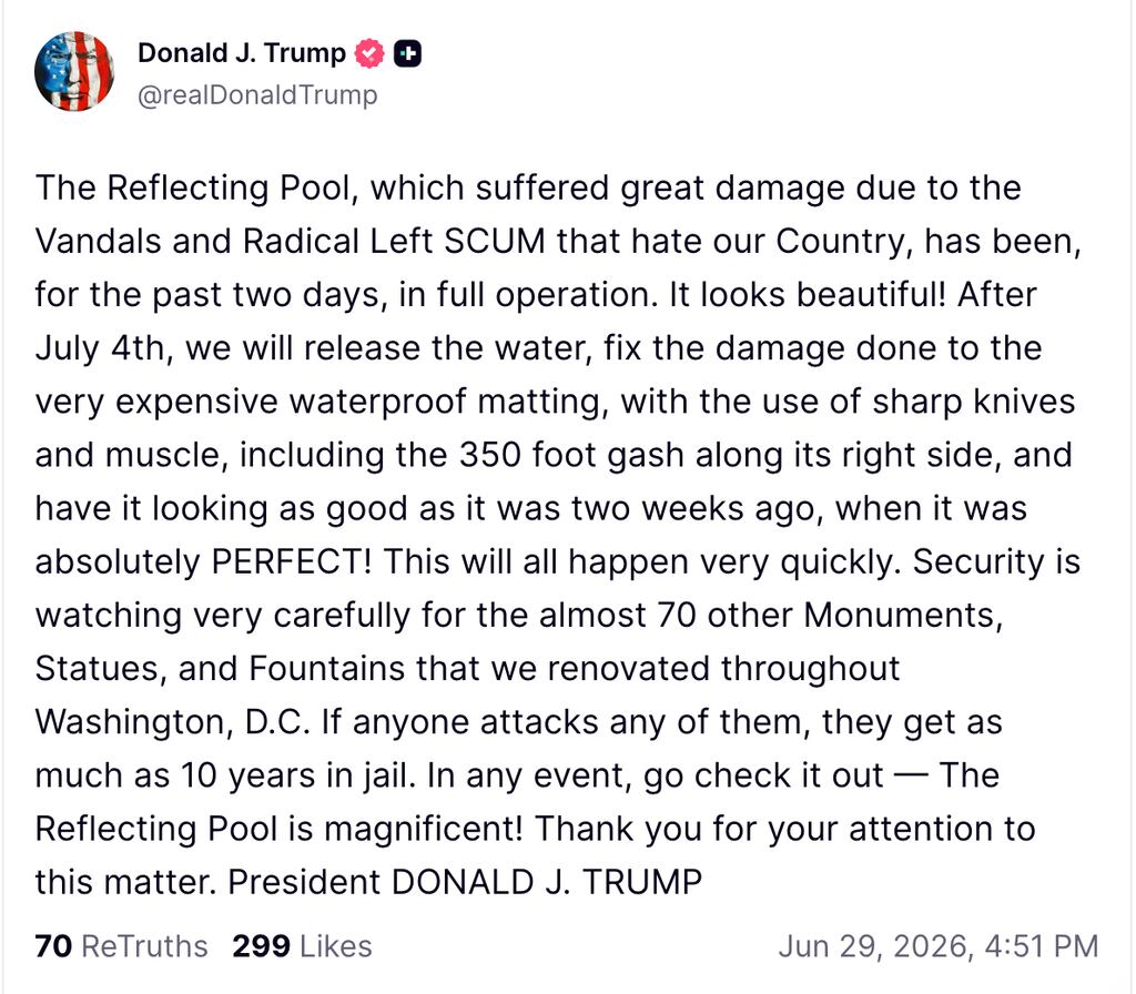 Trump Melts Down About ‘SCUM’ as Green Slime Takes Over Reflecting Pool