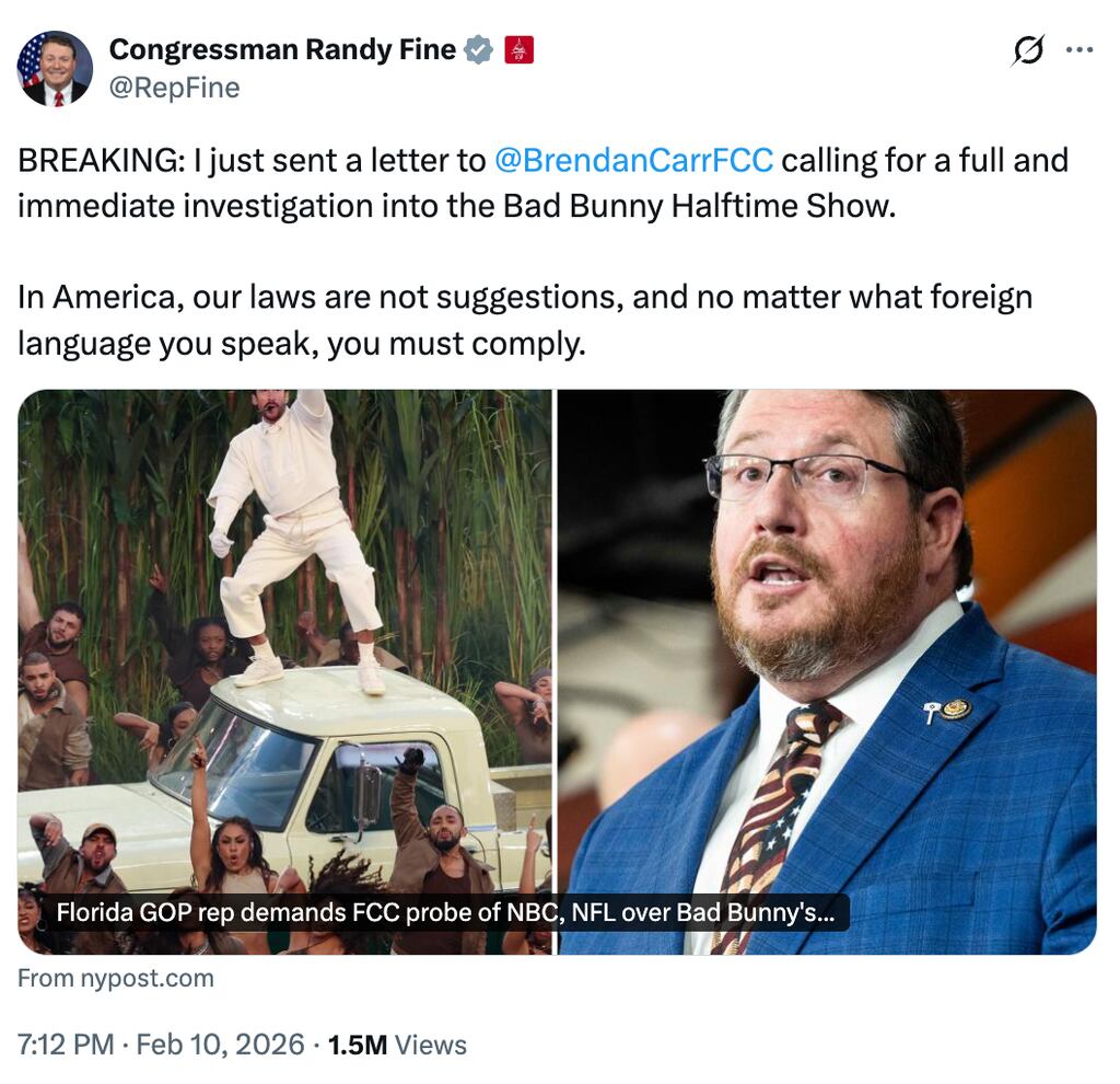Trump Suck-Up Rep. Randy Fine Roasted for ‘Useless’ Bad Bunny Investigation
