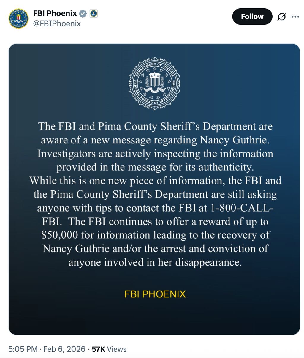 FBI Investigating ‘New Message’ in Nancy Guthrie’s Disappearance