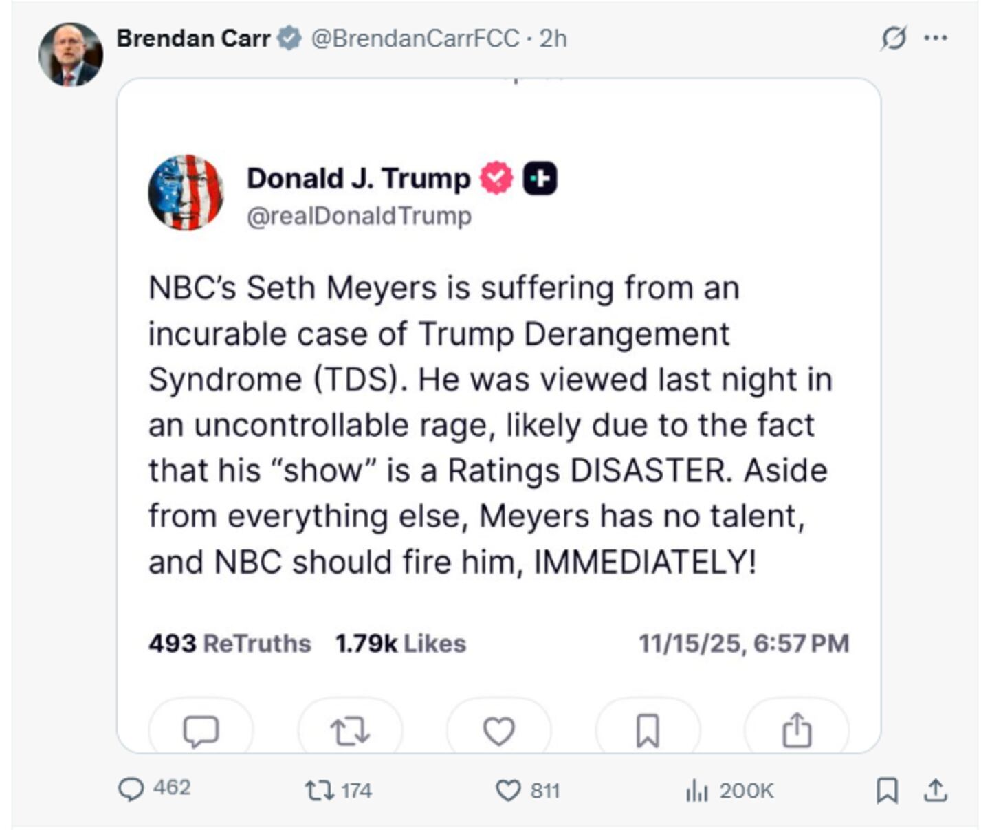 FCC Boss Brendan Carr Boosts Donald Trump’s Call to Fire Seth Meyers