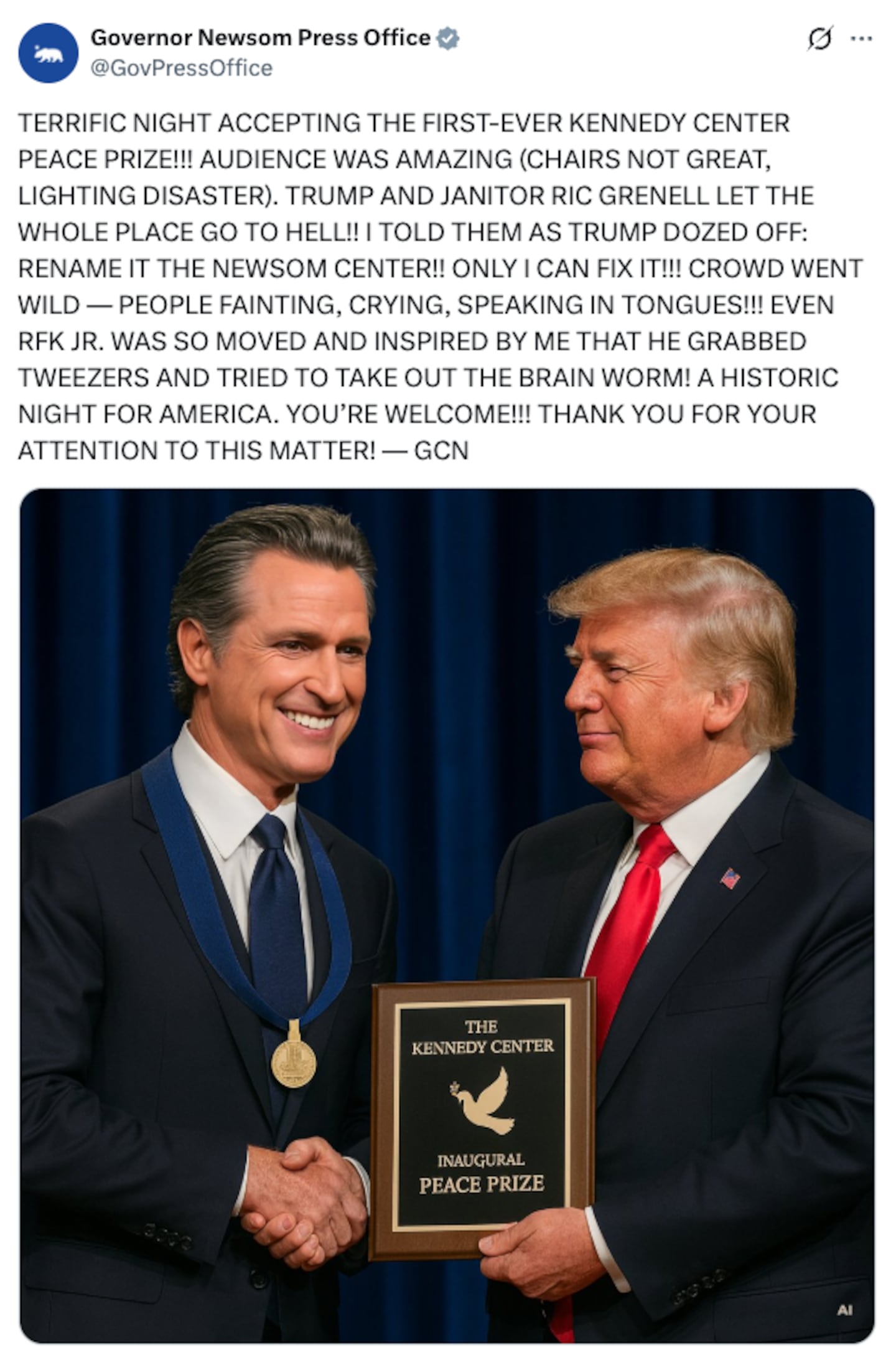 Gavin Newsom Mocks Donald Trump With His Own Made Up Peace Prize