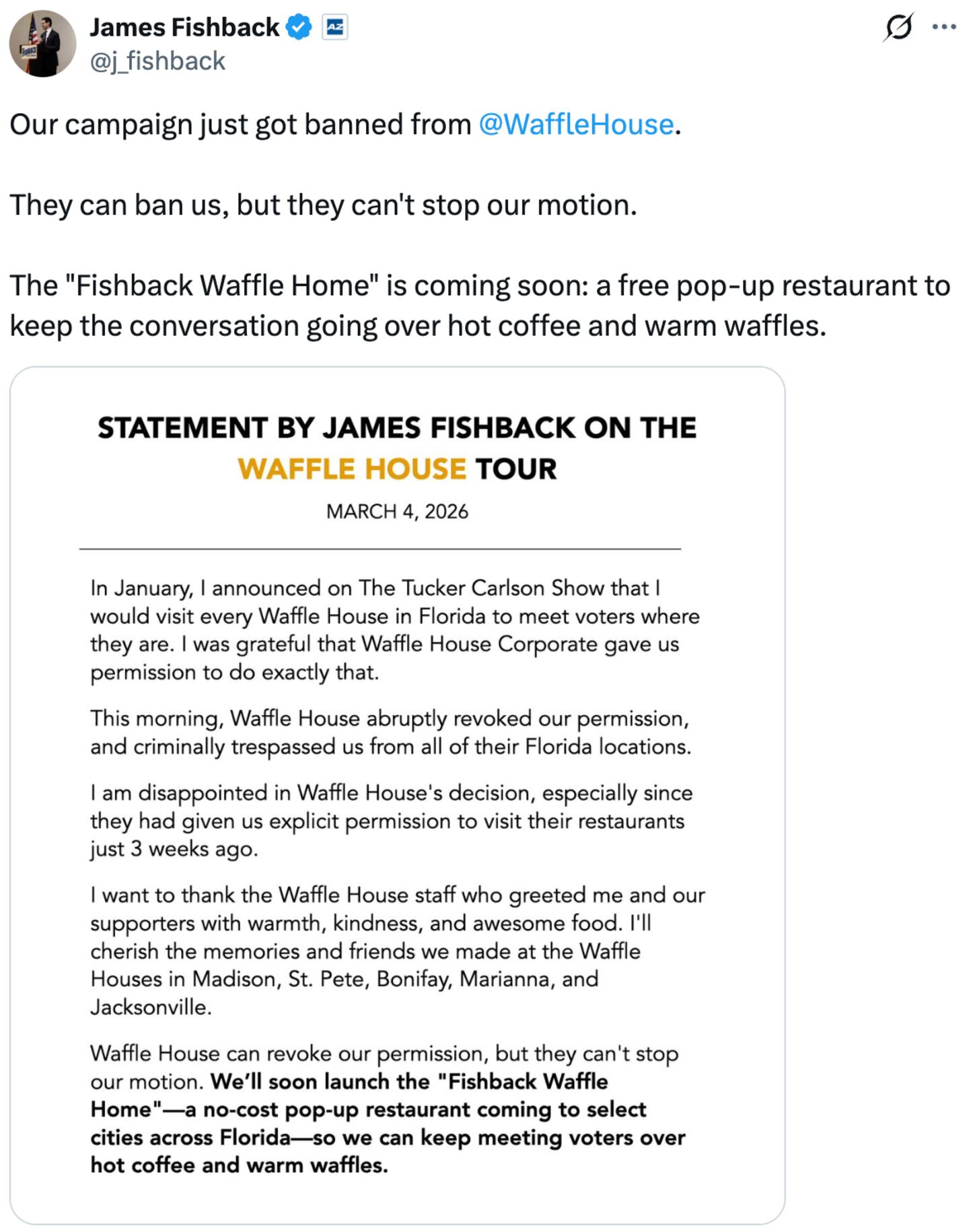 MAGA Newcomer Josh Fishback's Florida Campaign Gets Banned From Waffle ...