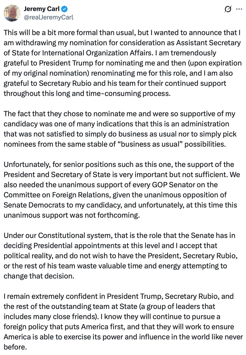 Trump Pick Jeremy Carl Withdraws After Wild Race Comments Revealed
