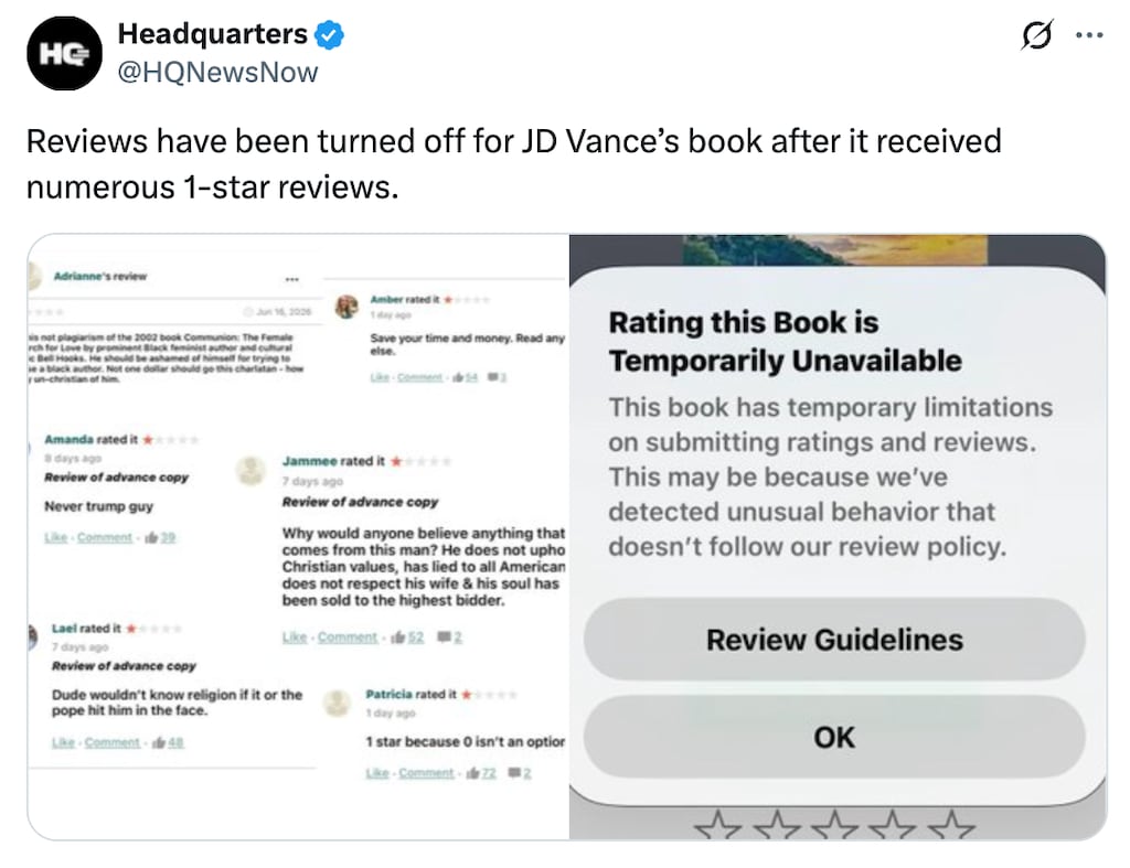 Brutal JD Vance Book Reviews Force Sites Into Drastic Action