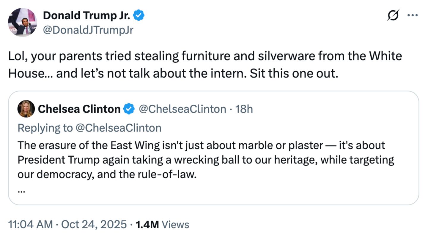 Don Jr. Weakly Tries to Dunk on Chelsea Clinton Over East Wing Teardown