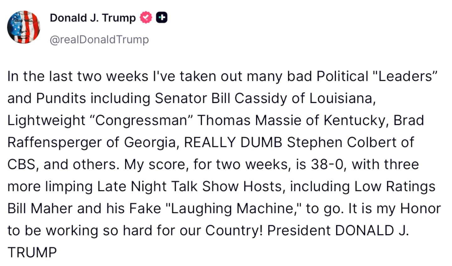 Trump Posts Bonkers Warning to Remaining Late-Night Hosts