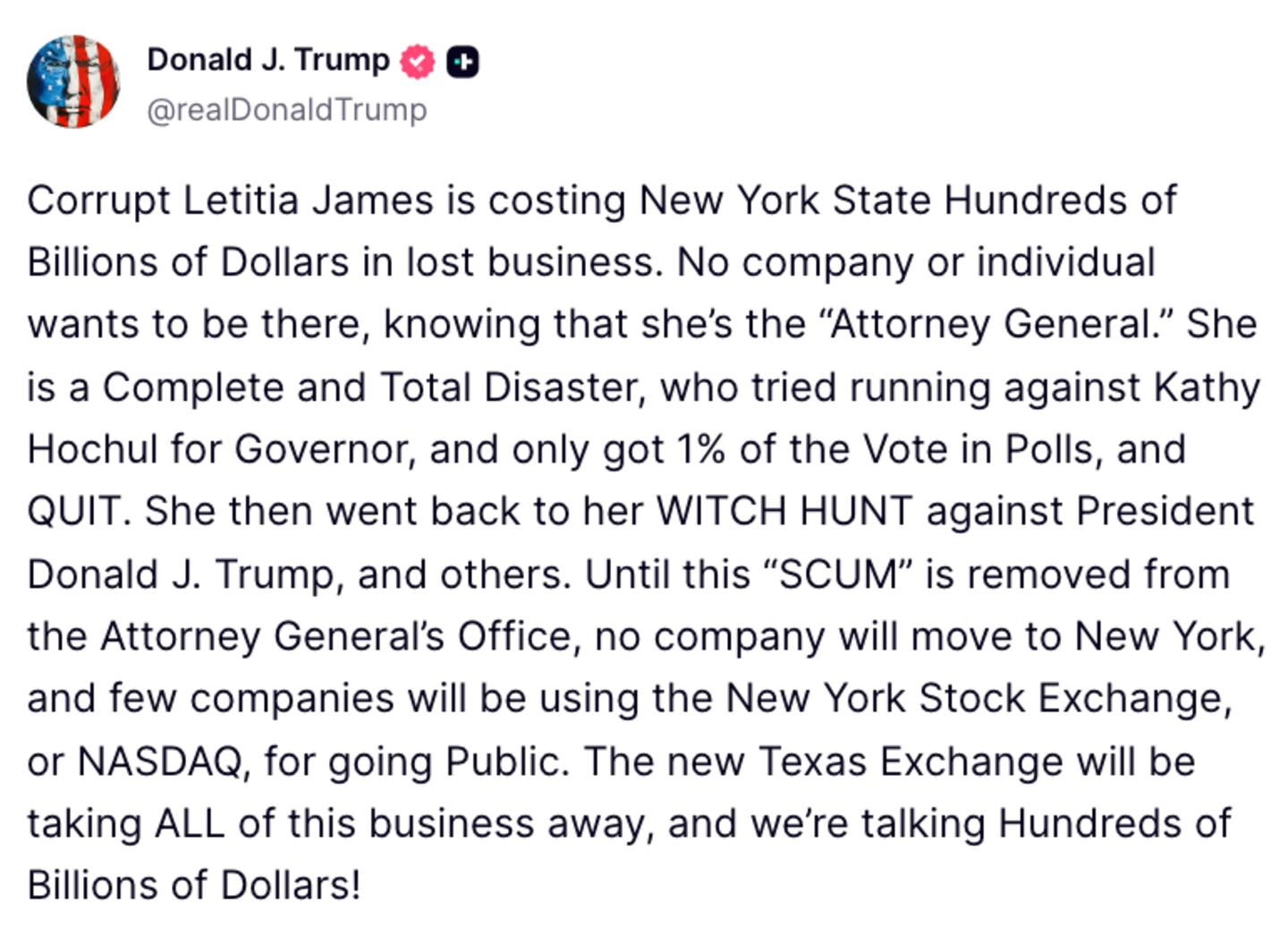 Donald Trump Calls Top Blue State Official Letitia James ‘Scum’ In ...