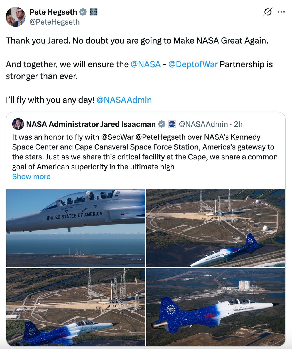 Pentagon Pete Cosplays as NASA Pilot Aboard Billionaire’s Jet